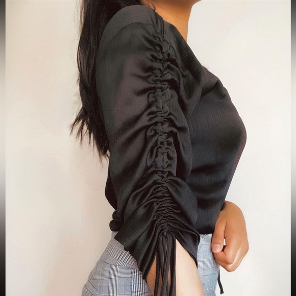 H&M | Tops | Hm Black Ruched Sleeve Blouse | Poshmark